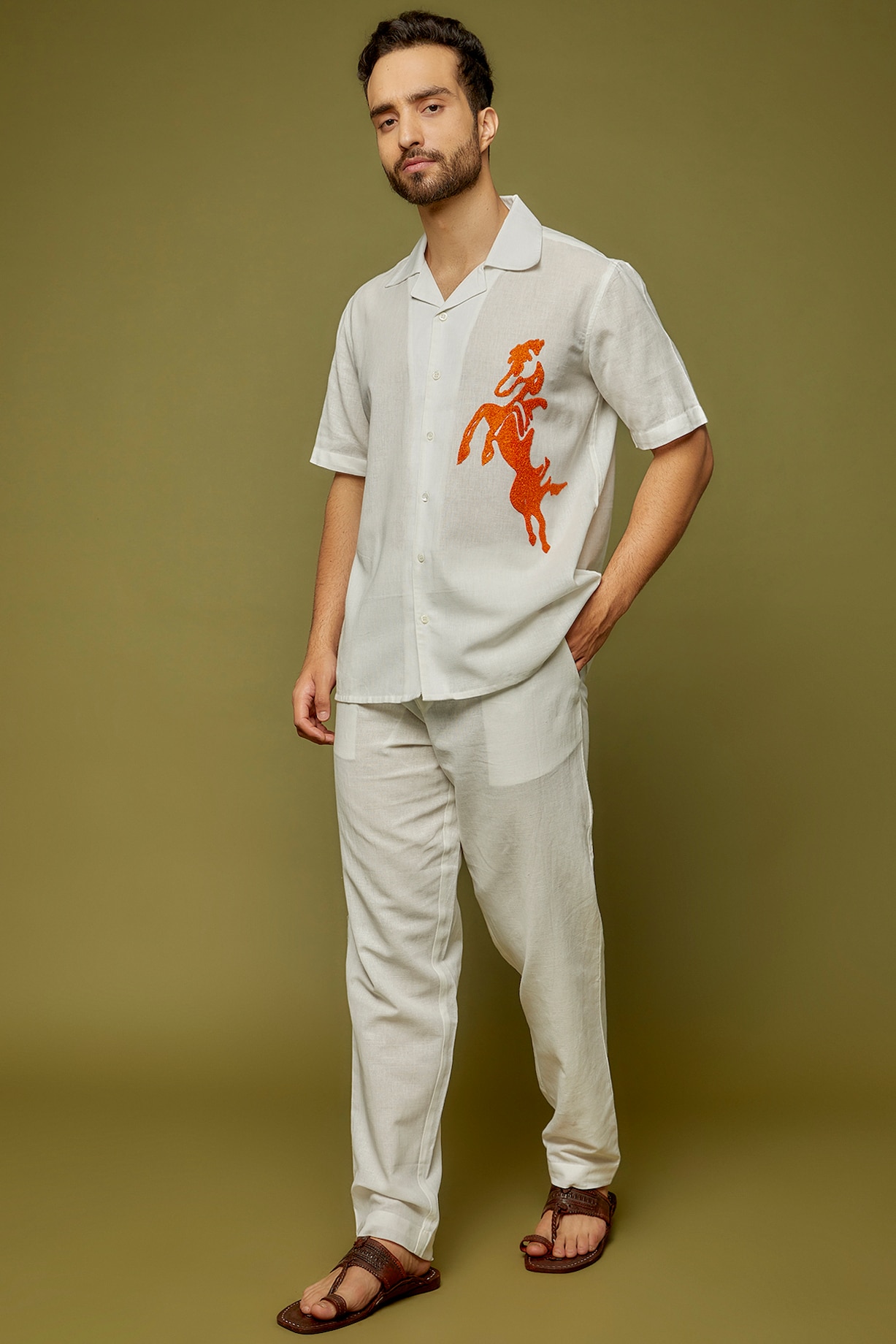 White Cotton Linen Blend Hand Embroidered Shirt by PERTE DEGO at Pernia ...