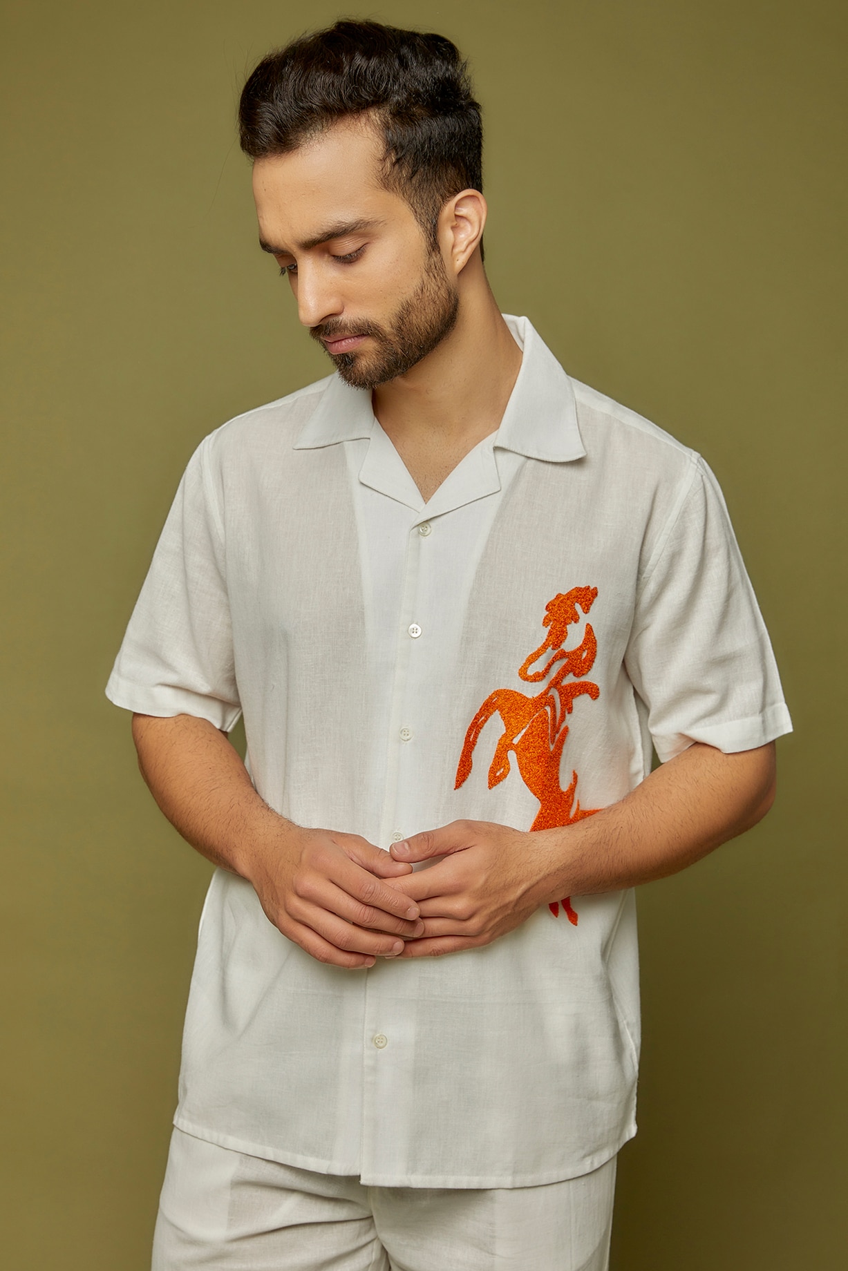 White Cotton Linen Blend Hand Embroidered Shirt by PERTE DEGO at Pernia ...