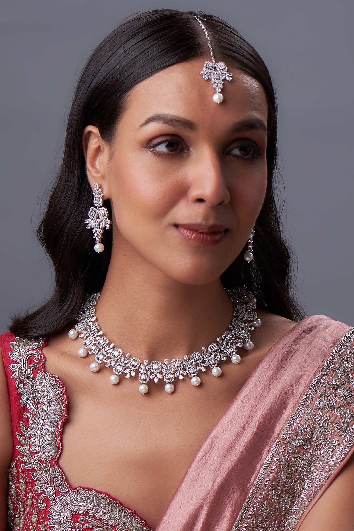 White Rhodium Finish Zircon & Pearl Necklace Set by Prihan Luxury ...