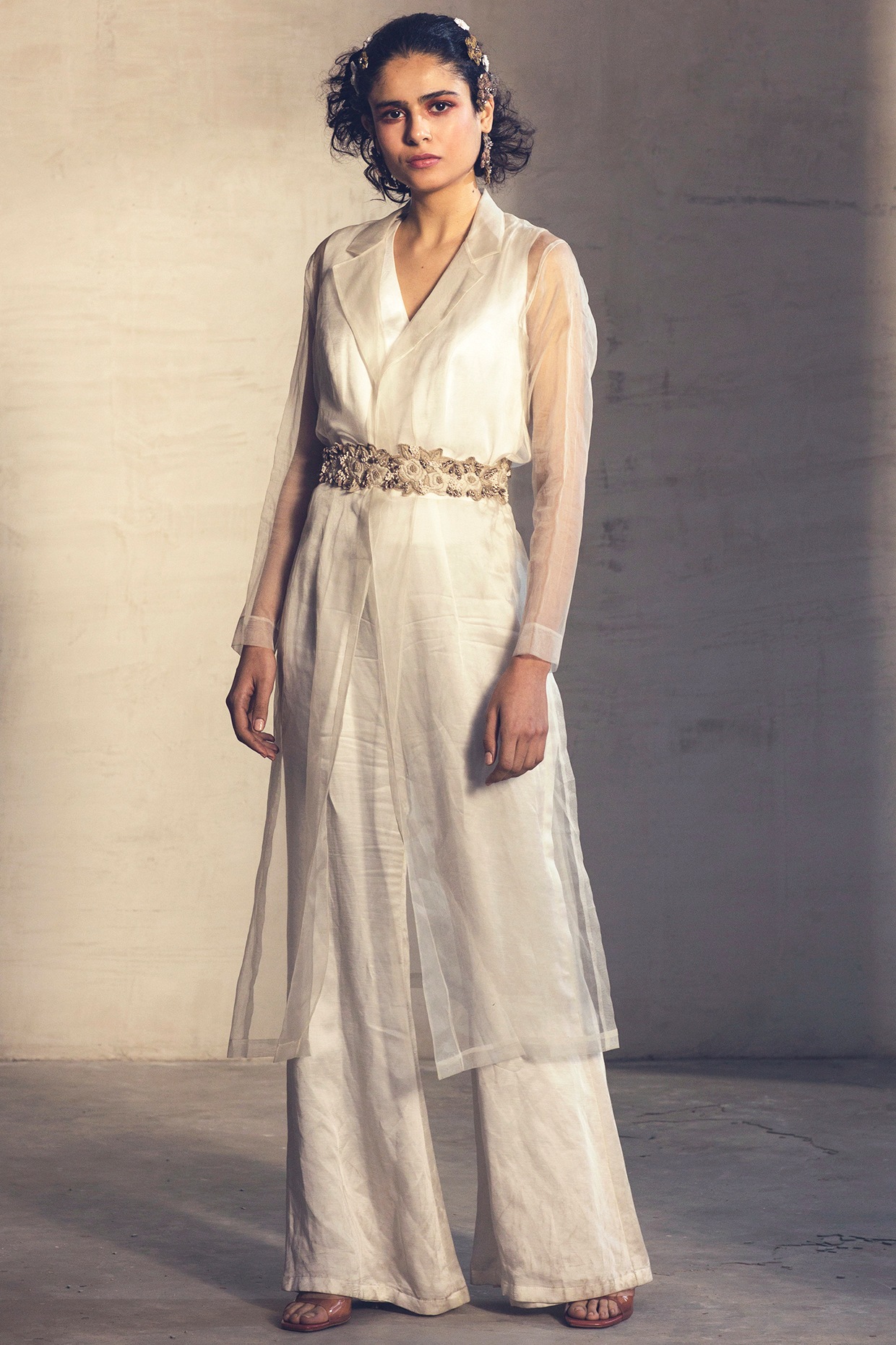 White Embroidered Jumpsuit With Trench Jacket & Belt by Parul ...