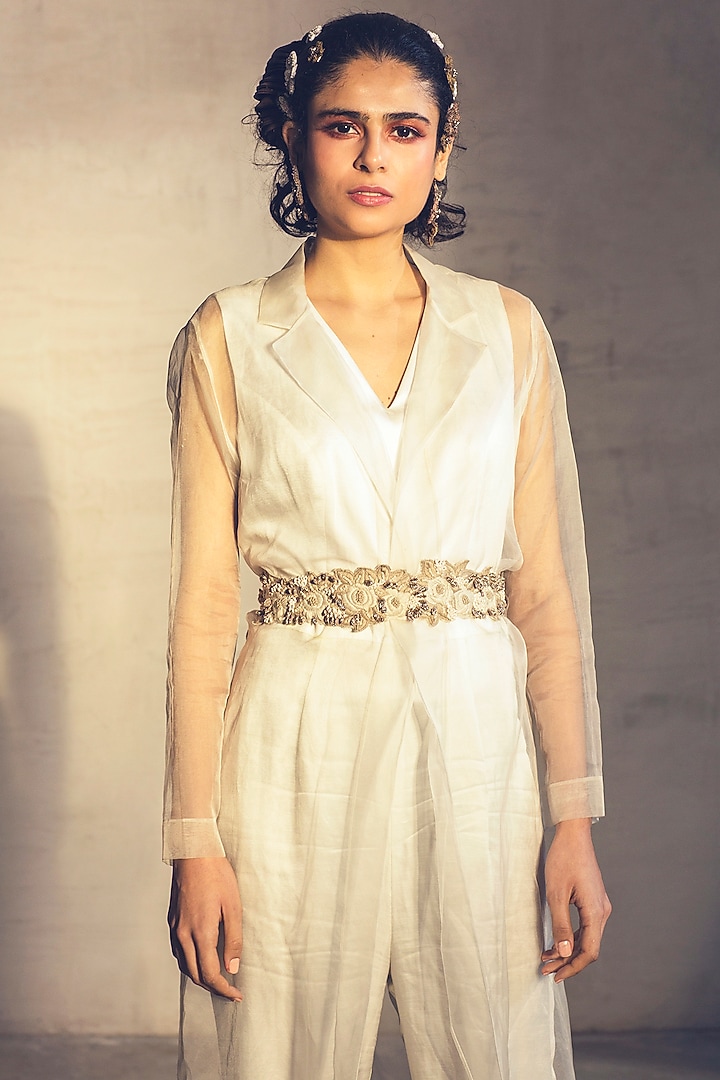 White Embroidered Jumpsuit With Trench Jacket & Belt by Parul ...