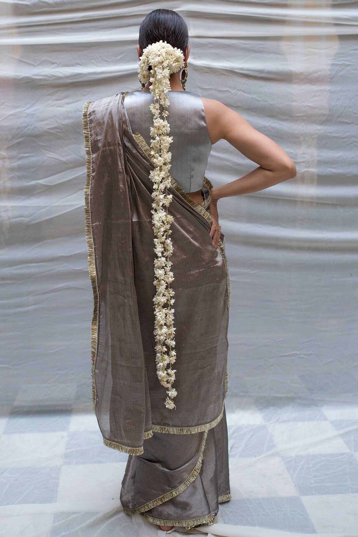 Vintage Silver Silk Chanderi Tissue Kiran Work Saree by Priyanka Raajiv ...
