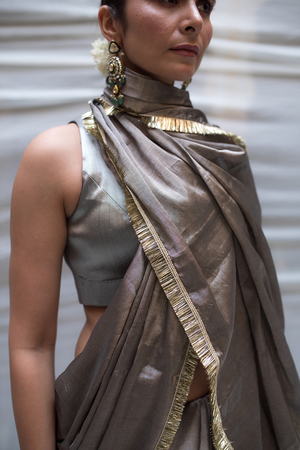 Vintage Silver Silk Chanderi Tissue Kiran Work Saree by Priyanka Raajiv ...