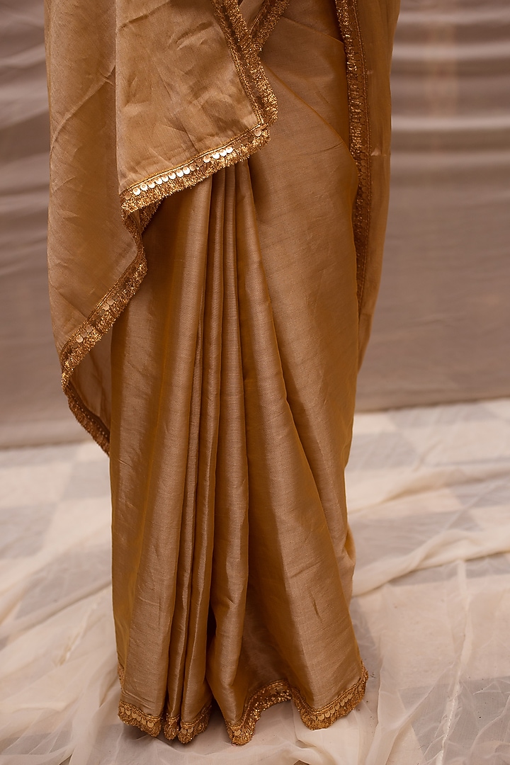 Beige Gold Silk Chanderi Tissue Saree With Kiran Work by Priyanka ...