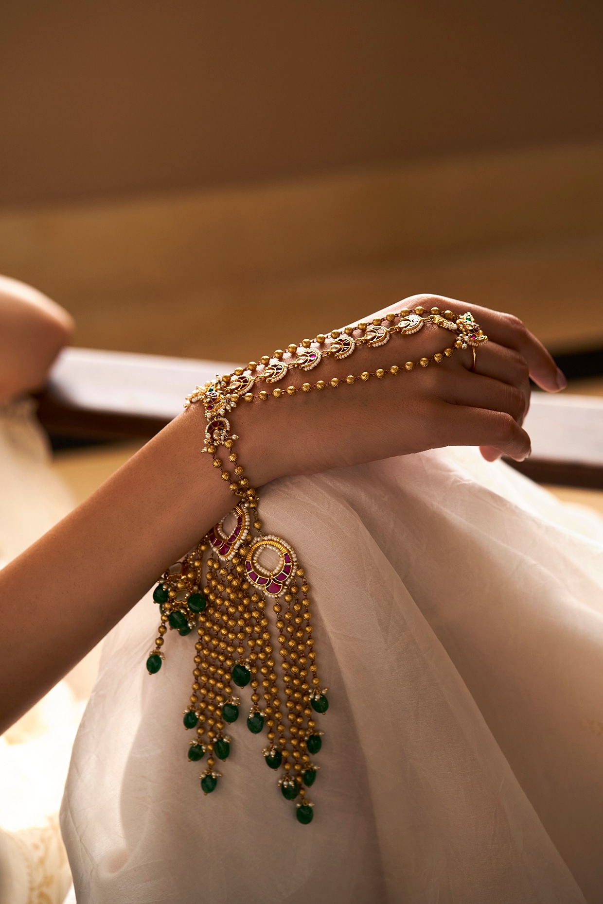 Gold Finish Kundan Polki & Green Onyx Haath Phool by Preeti Mohan at Pernia's Pop Up Shop 2025