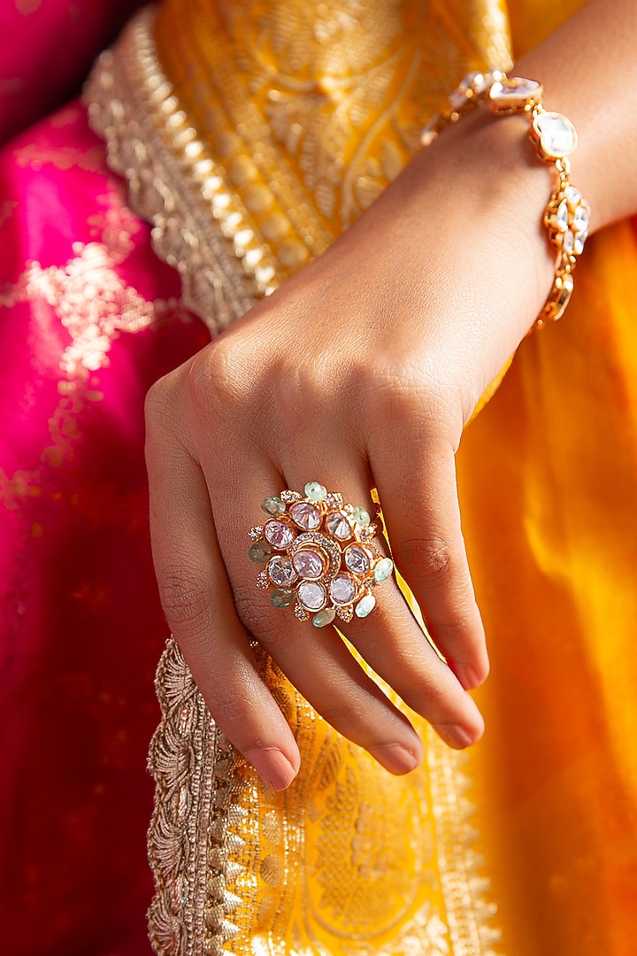 Gold Finish Kundan Polki Ring by Preeti Mohan at Pernia's Pop Up Shop 2025