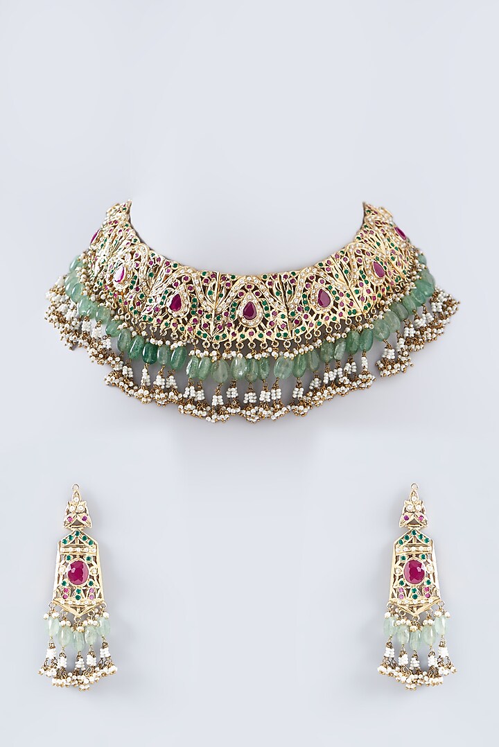 Gold Finish Ruby & Kundan Necklace Set by Preeti Mohan at Pernia's Pop Up Shop 2025