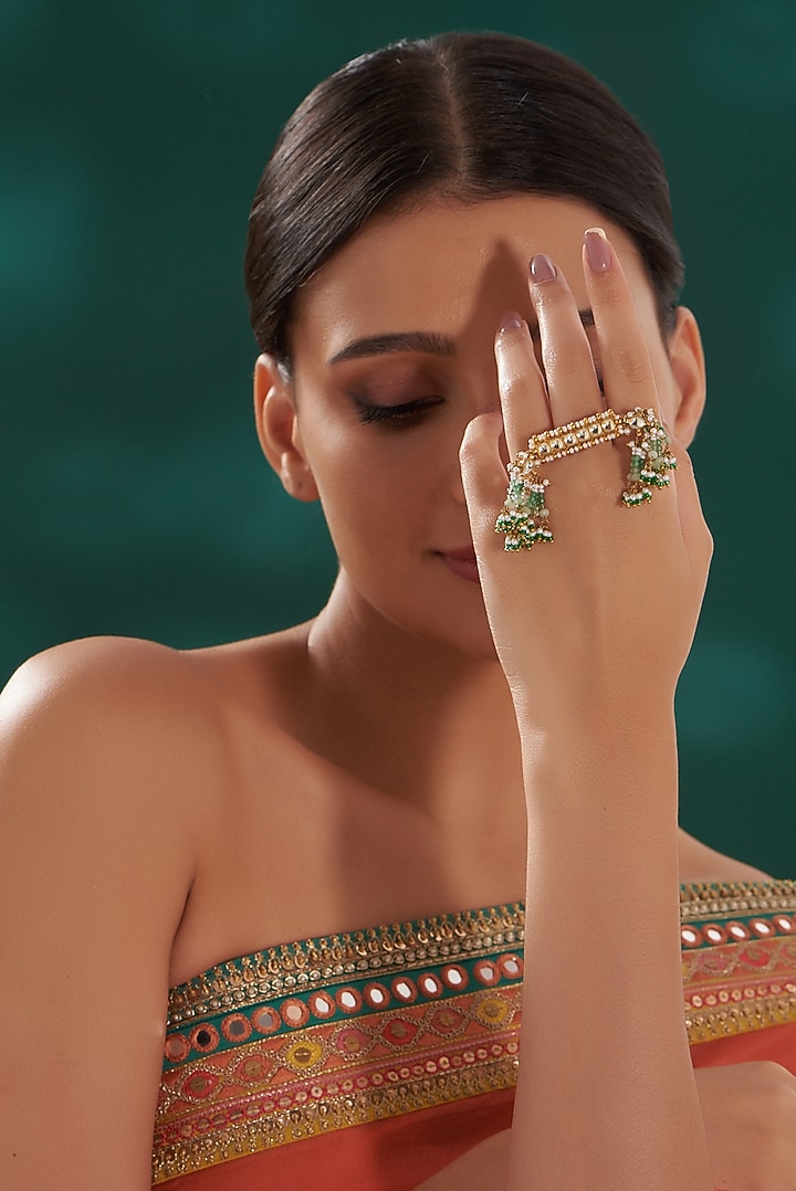 Gold Finish Green Kundan Ring by Preeti Mohan at Pernia's Pop Up Shop 2025
