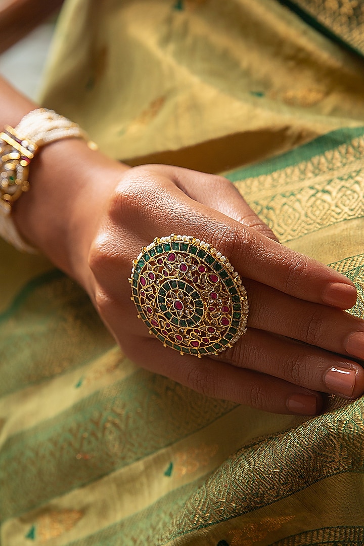 Gold Plated Red & Green Stone Ring by Preeti Mohan at Pernia's Pop Up Shop 2025