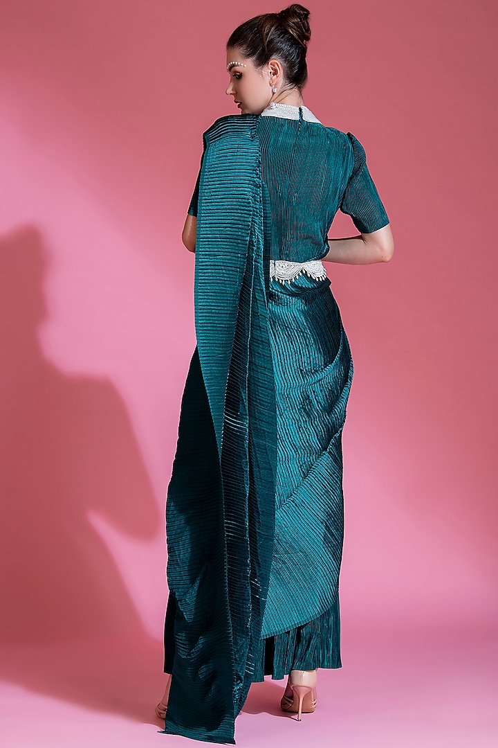 Teal Green Viscose Satin Pleated Saree Set by Preeti Mehta at Pernia's ...