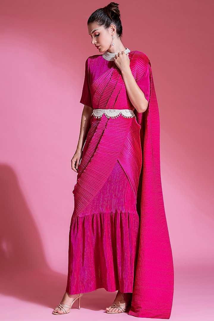 Hot Pink Viscose Satin Pleated Saree Set by Preeti Mehta at Pernia's ...