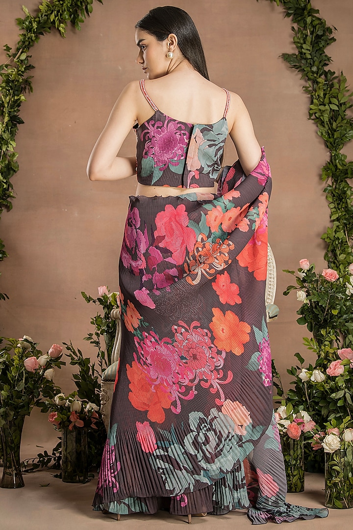 Dark Chocolate Brown Georgette Digital Printed Pleated Pre-Draped Saree ...