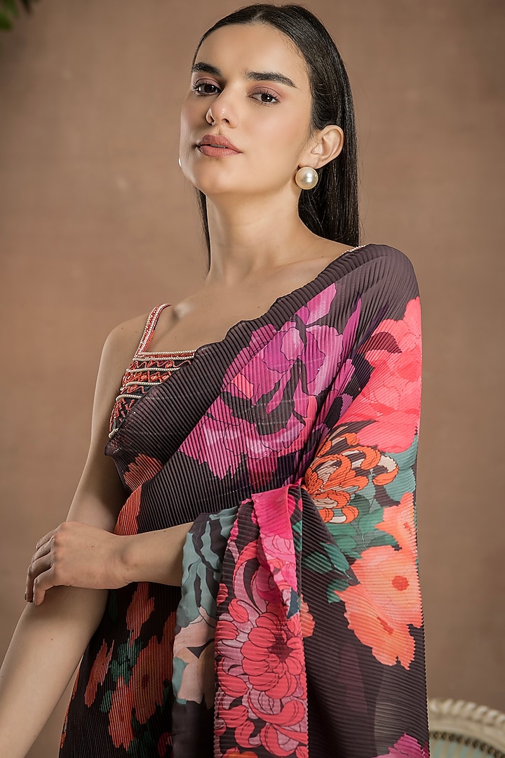 Dark Chocolate Brown Georgette Digital Printed Pleated Pre-Draped Saree ...