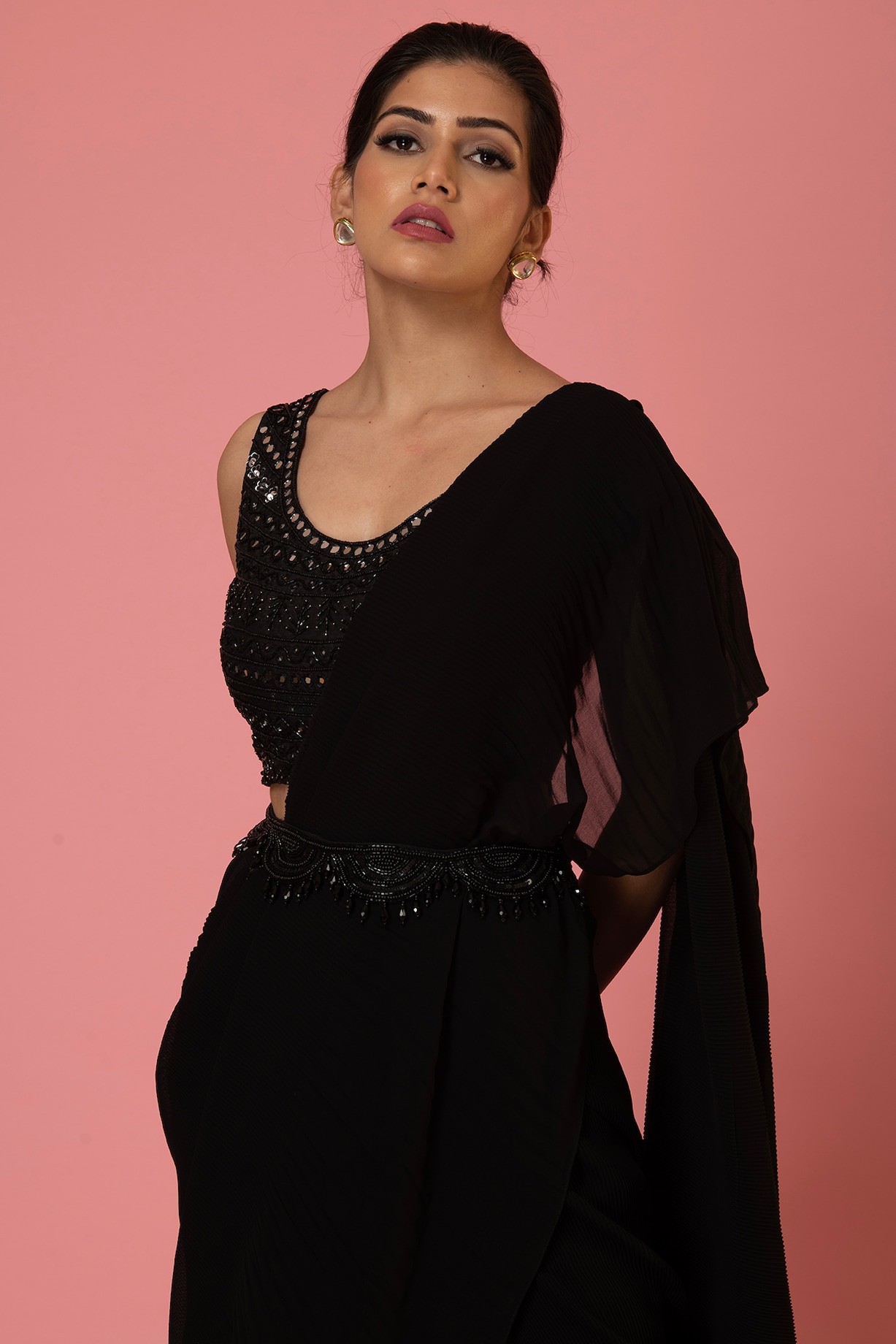 Black Georgette Pre-Draped Pleated Saree Set by preeti mehta at Pernia ...