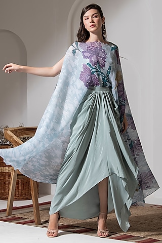 Moonlight Blue Lurex Chinon Printed & Embroidered Kaftan Set by Preeti ...