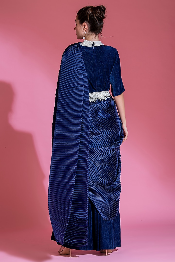 Indigo Blue Satin Viscose Pleated Saree Set by Preeti Mehta at Pernia's ...