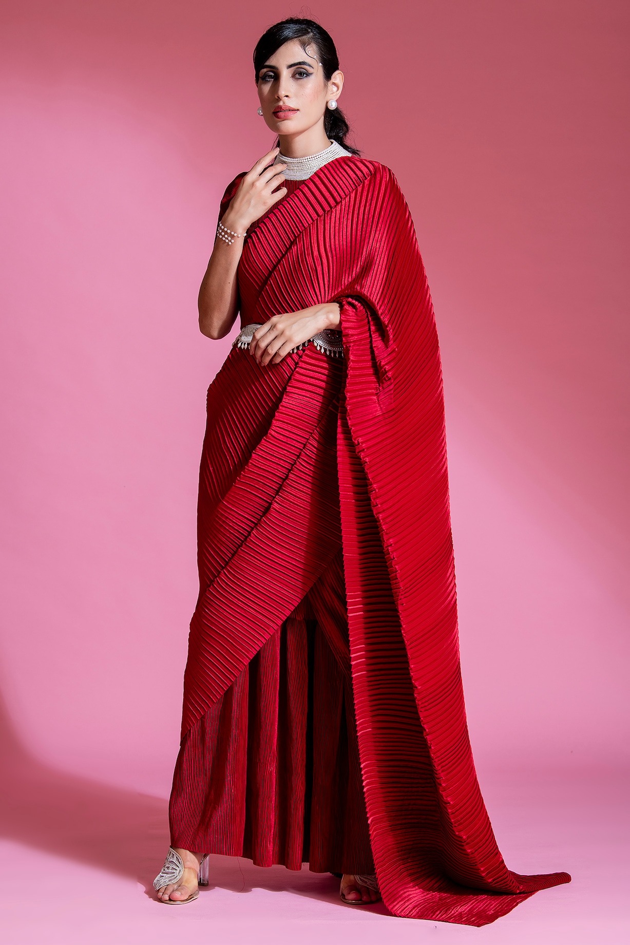Cherry Red Satin Viscose Pleated Saree Set by Preeti Mehta at Pernia's ...