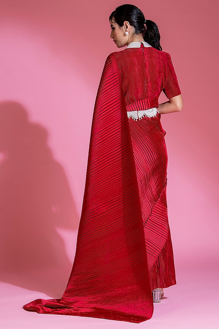 Cherry Red Satin Viscose Pleated Saree Set by Preeti Mehta at Pernia's ...