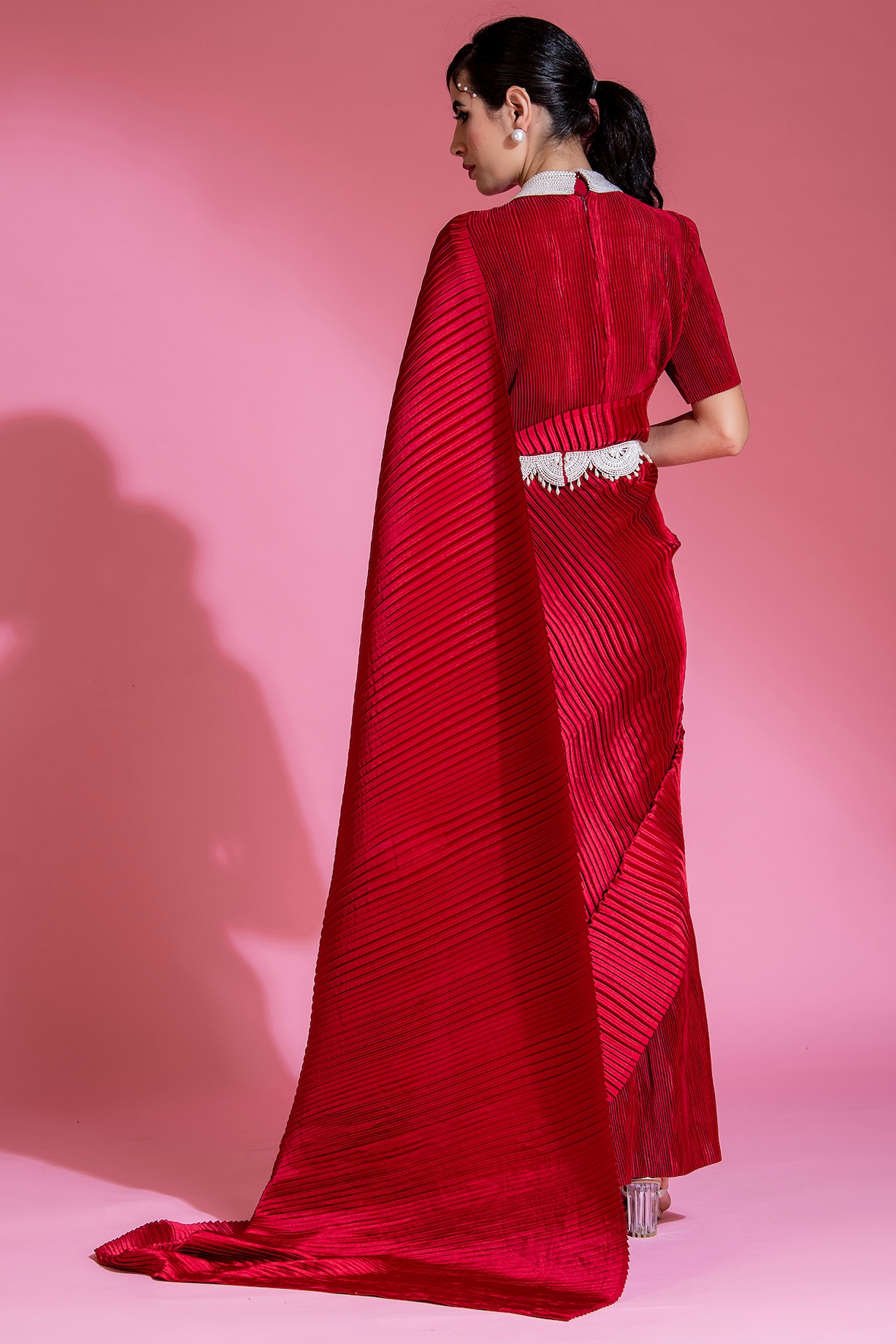 Cherry Red Satin Viscose Pleated Saree Set Design by Preeti Mehta at ...