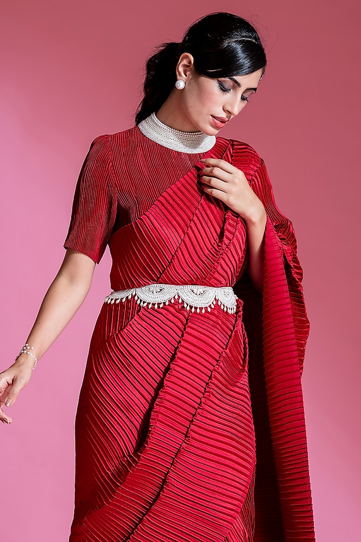 Cherry Red Satin Viscose Pleated Saree Set by Preeti Mehta at Pernia's ...