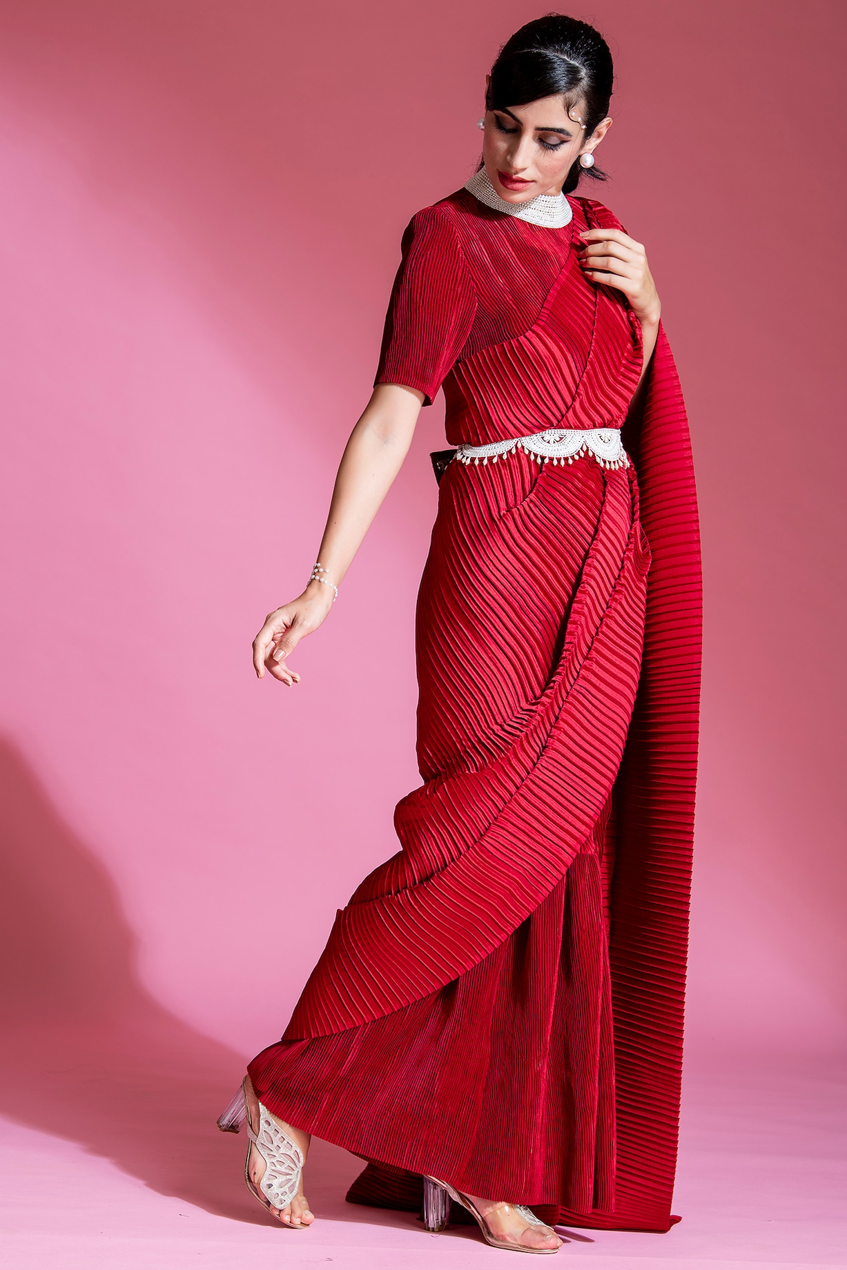 Cherry Red Satin Viscose Pleated Saree Set by Preeti Mehta at Pernia's ...