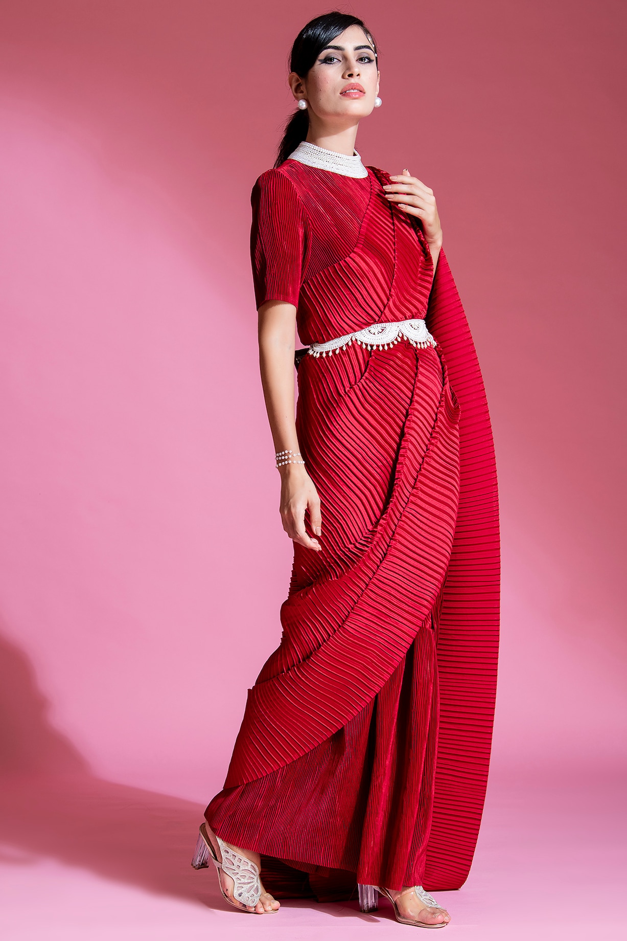 Cherry Red Satin Viscose Pleated Saree Set Design by Preeti Mehta at ...