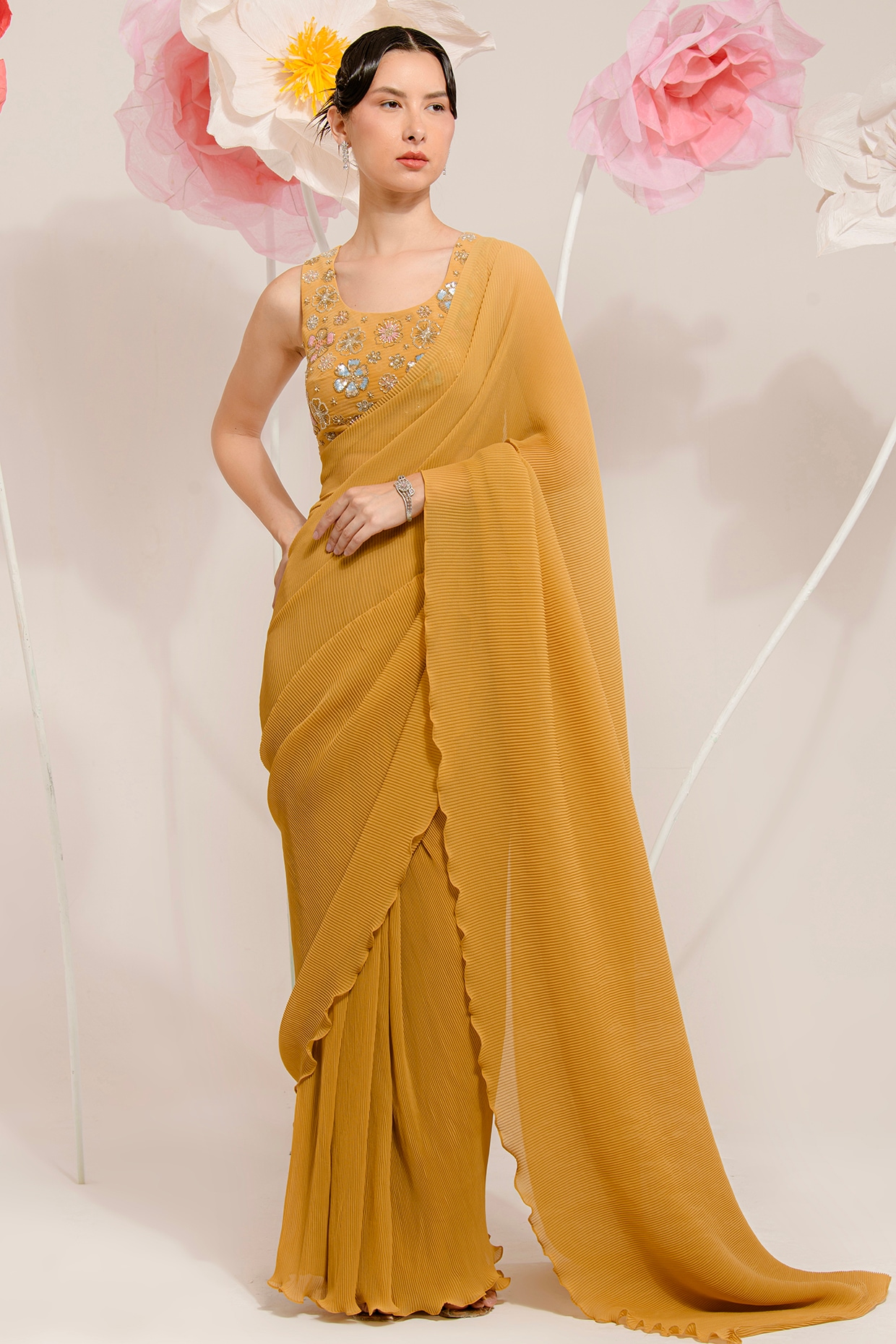 Mustard Georgette Viscose & Polyester Digital Printed Pleated Saree Set ...