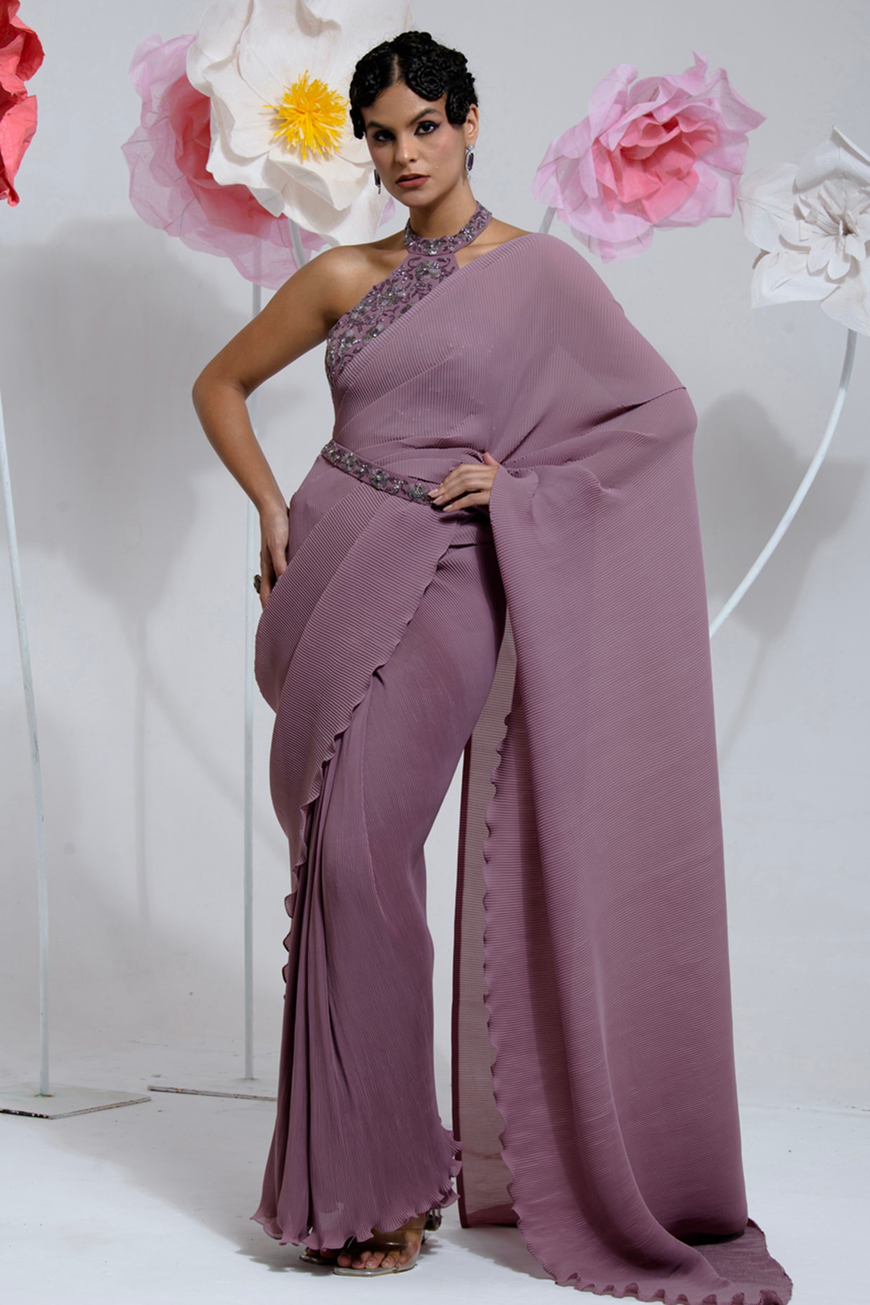 Dark Mauve Georgette Viscose & Polyester Digital Printed Pleated Saree ...