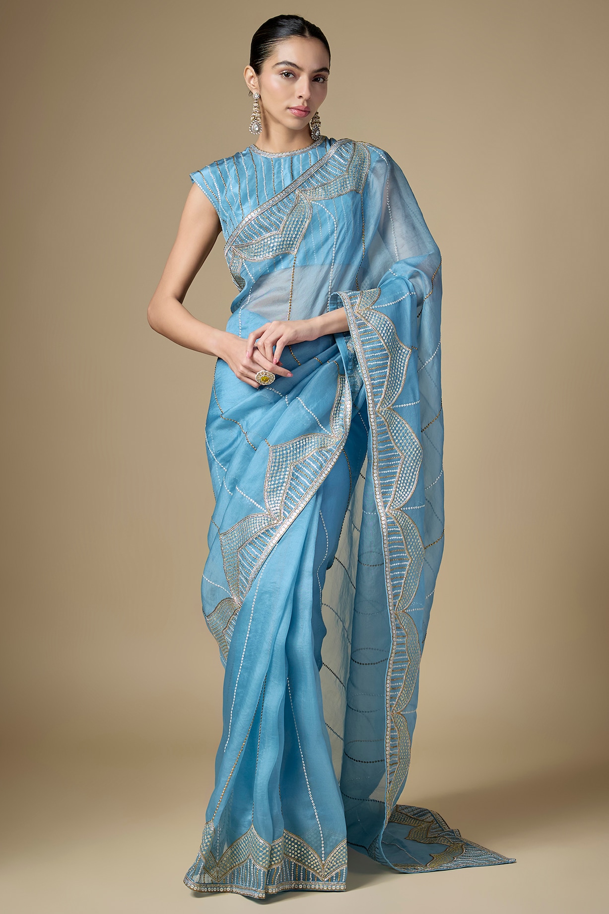 Pacific Blue Silk Organza Hand Embroidered Wedding Saree Set by Priyal ...