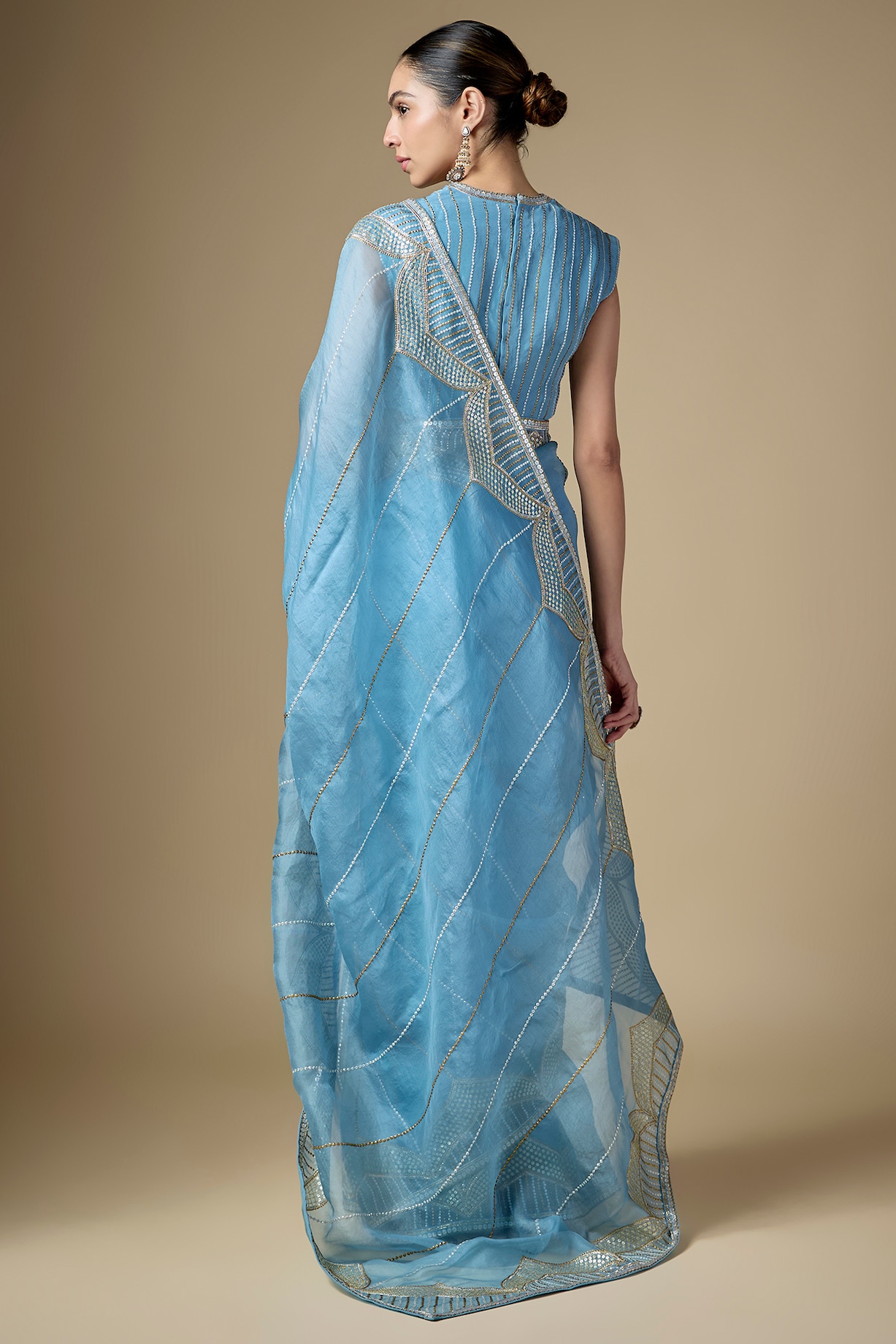 Pacific Blue Silk Organza Hand Embroidered Wedding Saree Set by Priyal ...