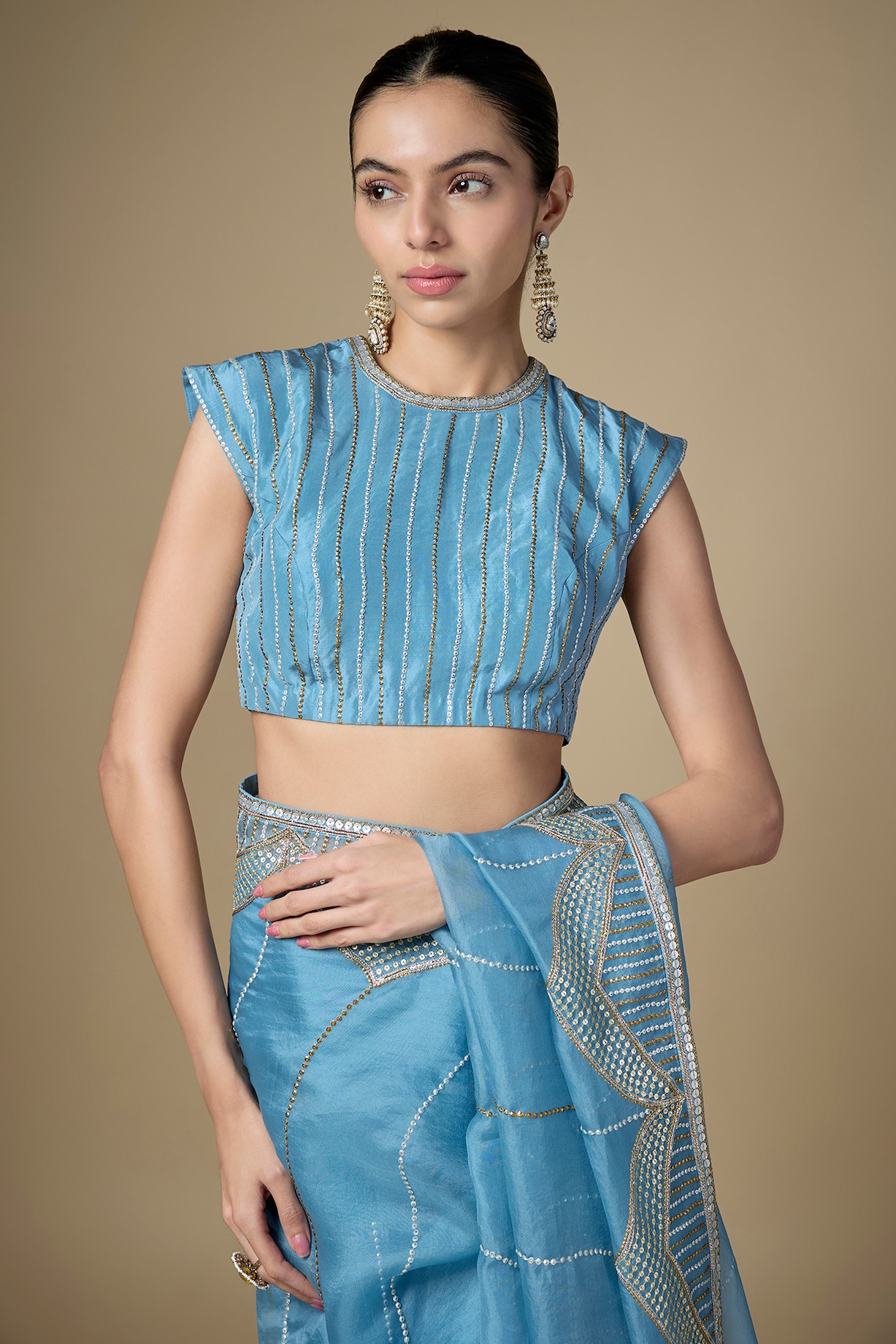 Pacific Blue Silk Organza Hand Embroidered Wedding Saree Set by Priyal ...