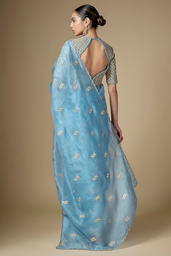 Pacific Blue Silk Organza Gota Patti Embroidered Wedding Saree Set by ...