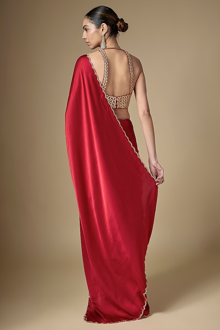 Berry Red Silk Satin Wedding Saree Set by Priyal Prakash at Pernia's ...