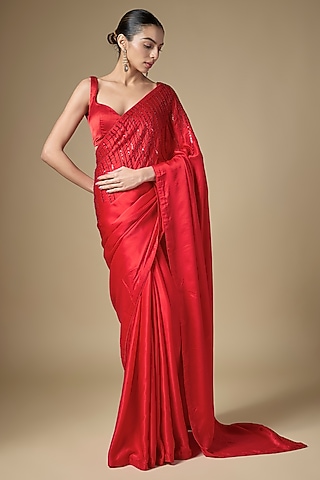 Vermillion Red Silk Satin Embellished Wedding Saree Set by Priyal ...
