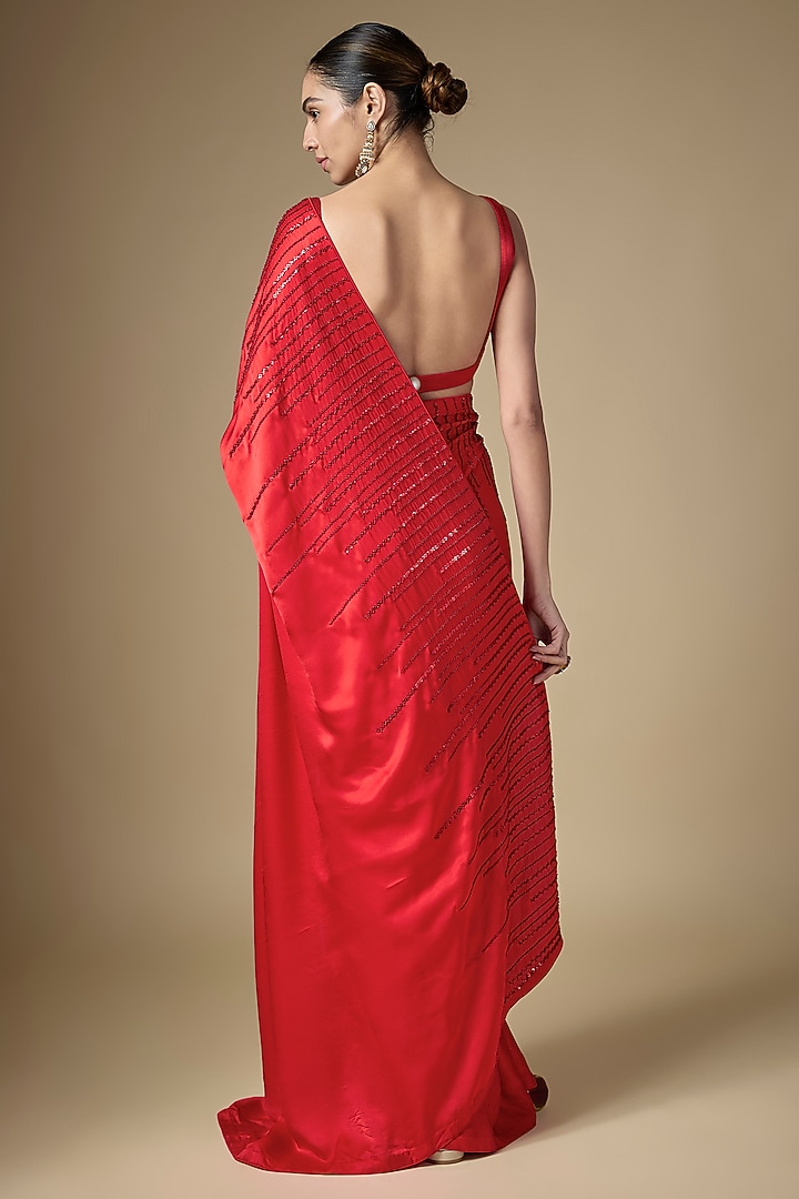 Vermillion Red Silk Satin Embellished Wedding Saree Set by Priyal ...