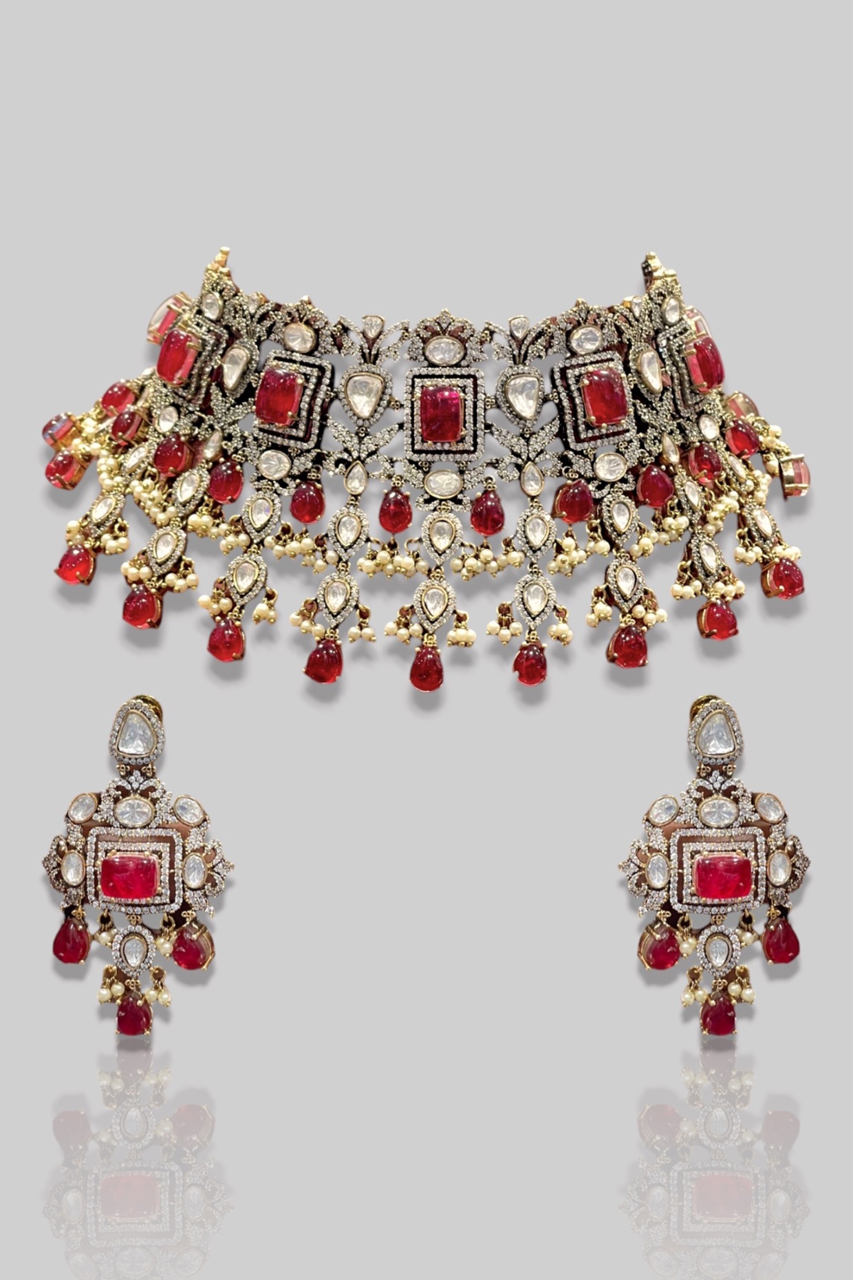 Two Tone Finish Zircon & Red Beaded Choker Necklace Set by Prestones at ...