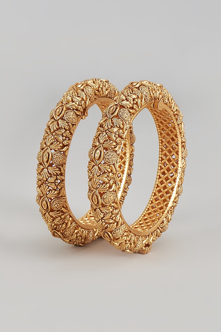 Gold Finish Temple Carved Bangles (Set Of 2) by Prestones at Pernia's ...