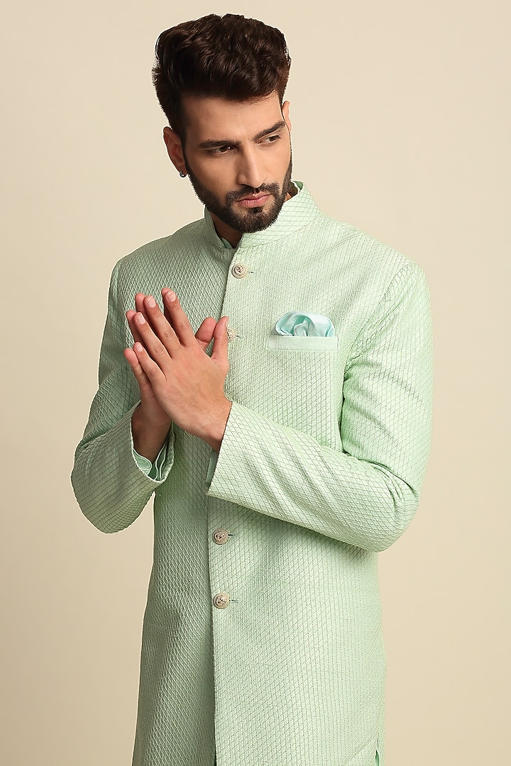 Buy Priyanka Jain Men Green Raw Silk & Crepe Embroidered Sherwani Set ...