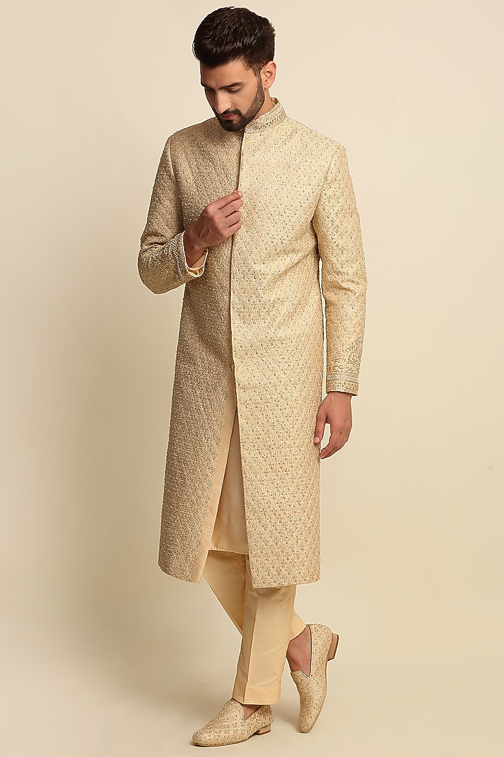 Golden Raw Silk & Crepe Embroidered Groom Sherwani Set by Priyanka Jain ...