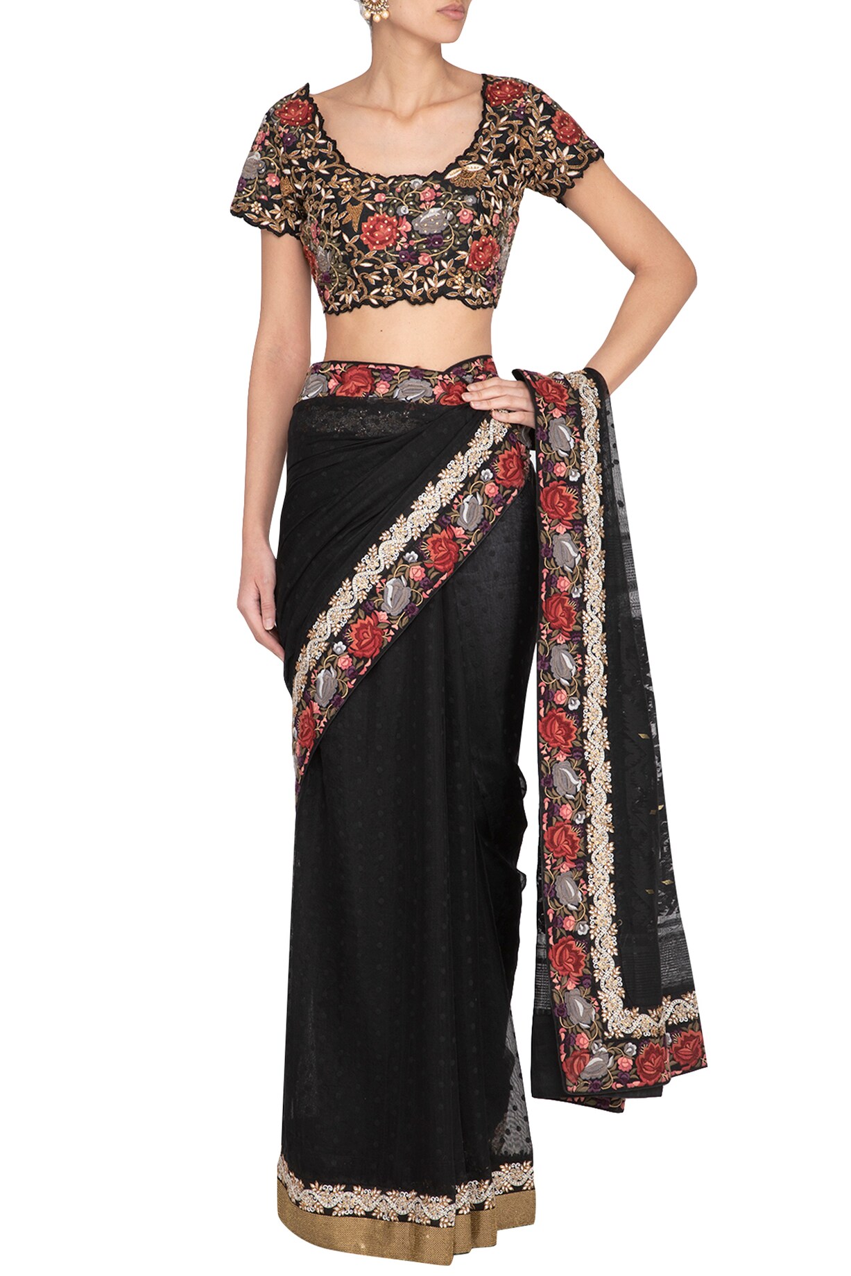 Black Parsi Embroidered Jamdani Saree Set by Pranay Baidya at Pernia's ...