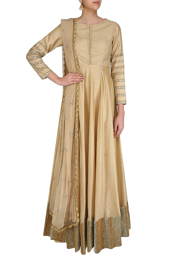 Gold hand embroidered anarkali suit set available only at Pernia's Pop ...