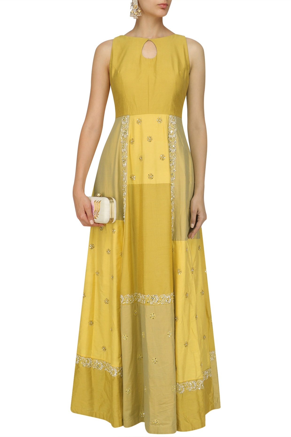 Yellow floral embroidered color block maxi dress available only at ...