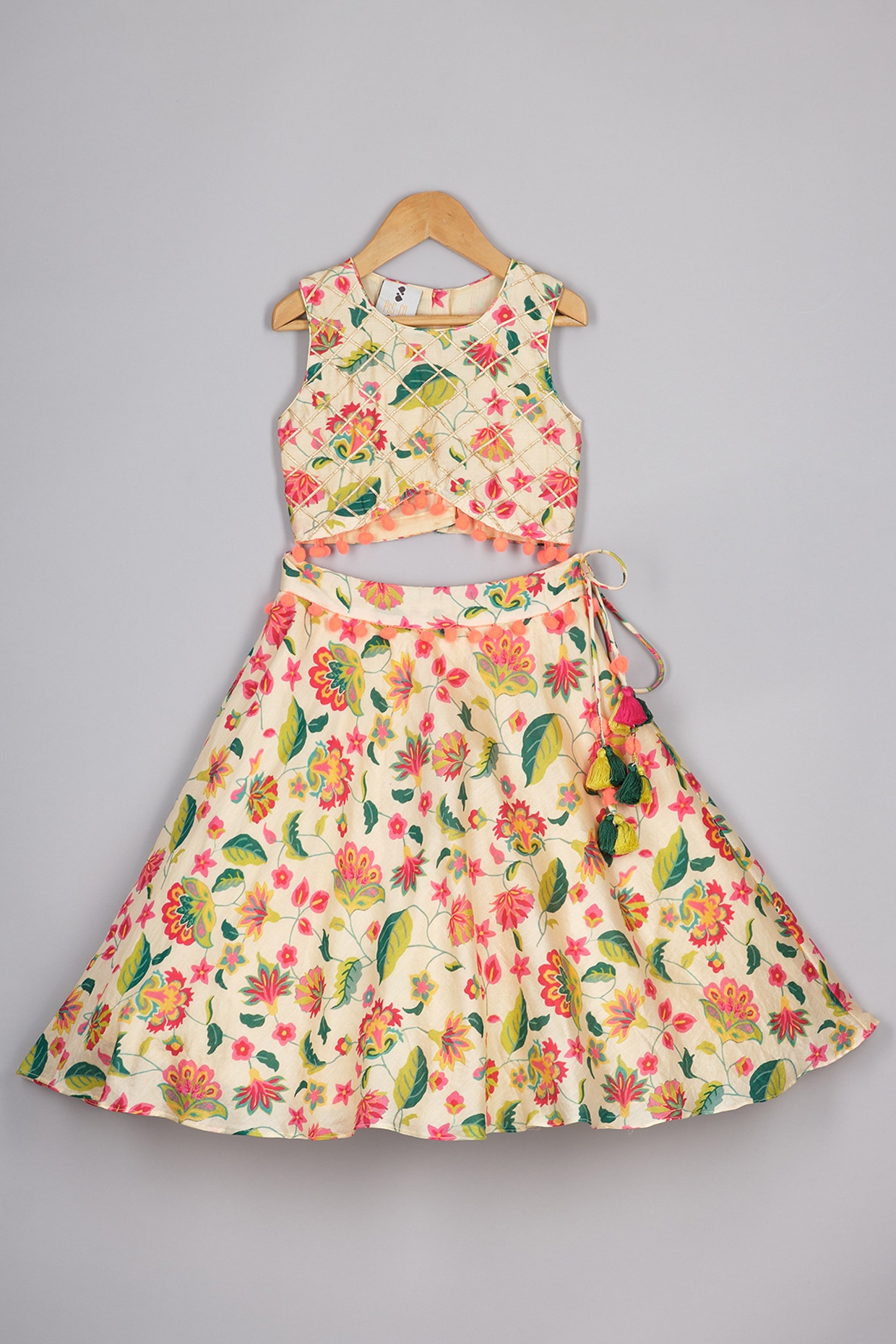 Beige Chanderi Floral Printed Lehenga Set For Girls by P & S Co at Pernia's Pop Up Shop 2025