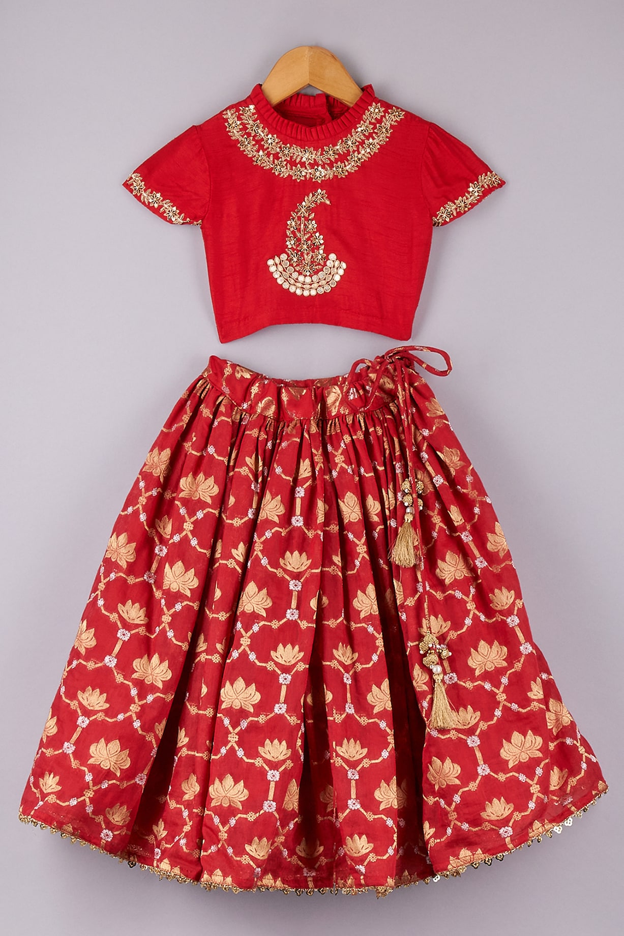 Red Banarasi Silk Embroidered Lehenga Set For Girls by P & S Co at Pernia's Pop Up Shop 2025