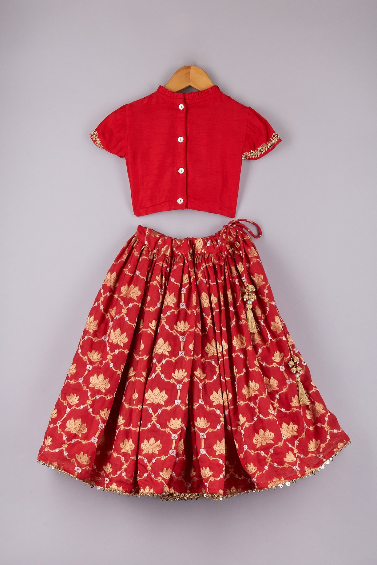 Red Banarasi Silk Embroidered Lehenga Set For Girls by P & S Co at Pernia's Pop Up Shop 2025