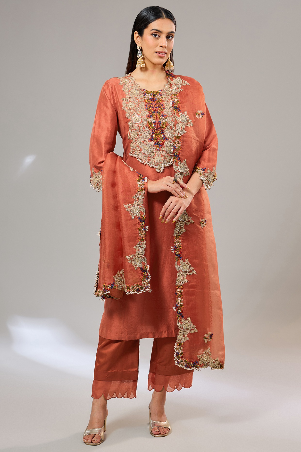 Deep Orange Silk Dori Work Kurta Set by Prisho at Pernia's Pop Up Shop 2025
