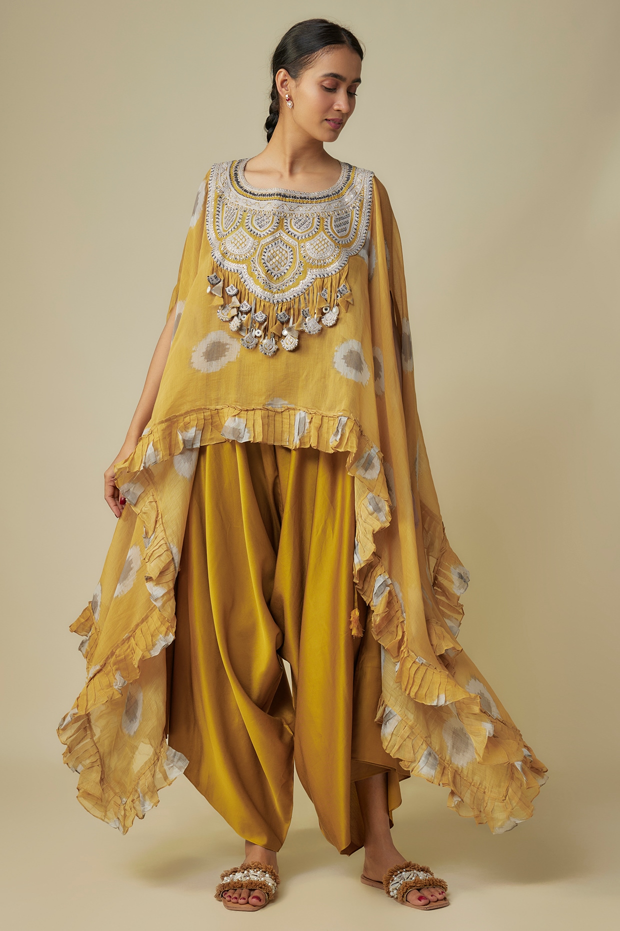 Mustard Russian Silk Printed & Resham Work Kaftan Set by Prisho at ...