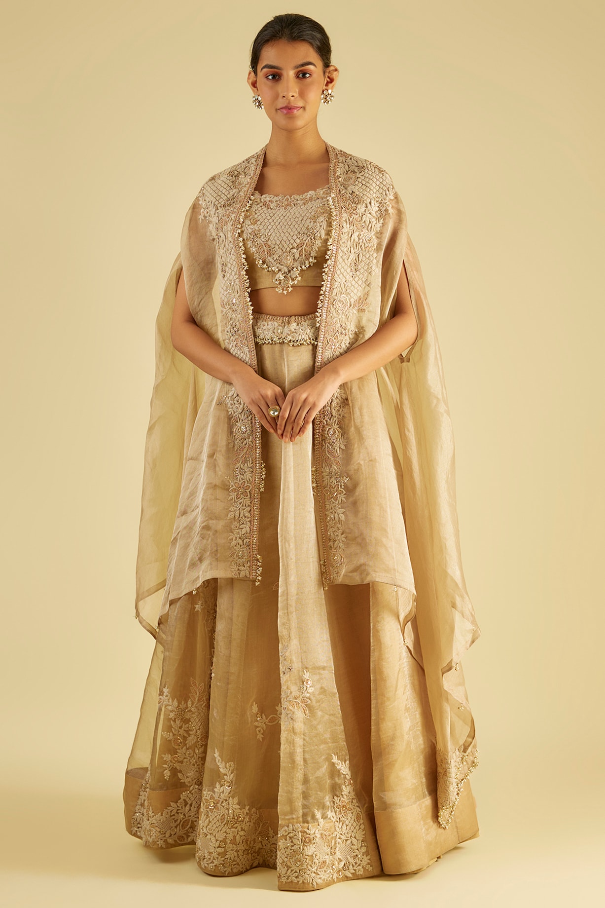 Beige Tissue Resham Work Kalidar Jacket Wedding Lehenga Set by Prisho ...