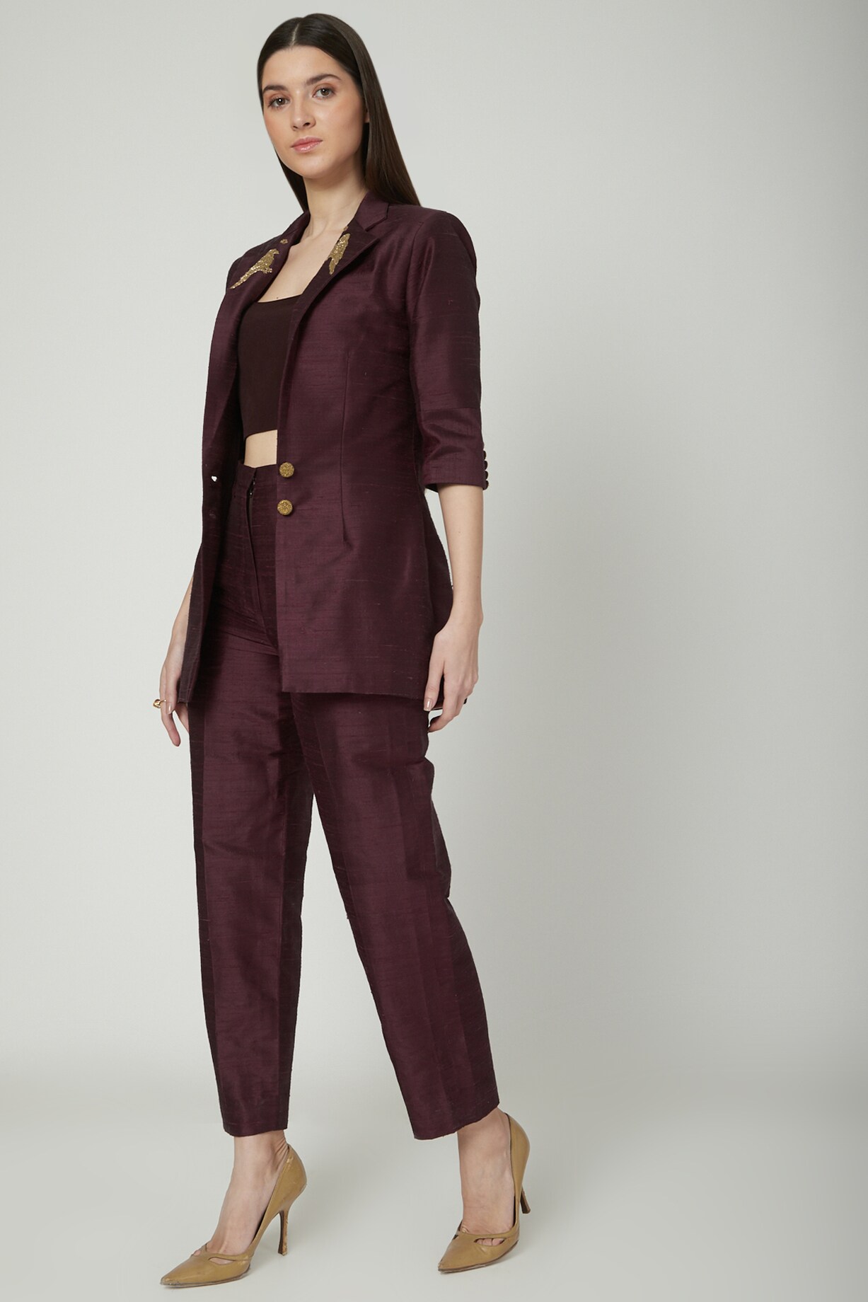 Wine Embroidered Blazer Set by Priyanka Singh at Pernia's Pop Up Shop 2024