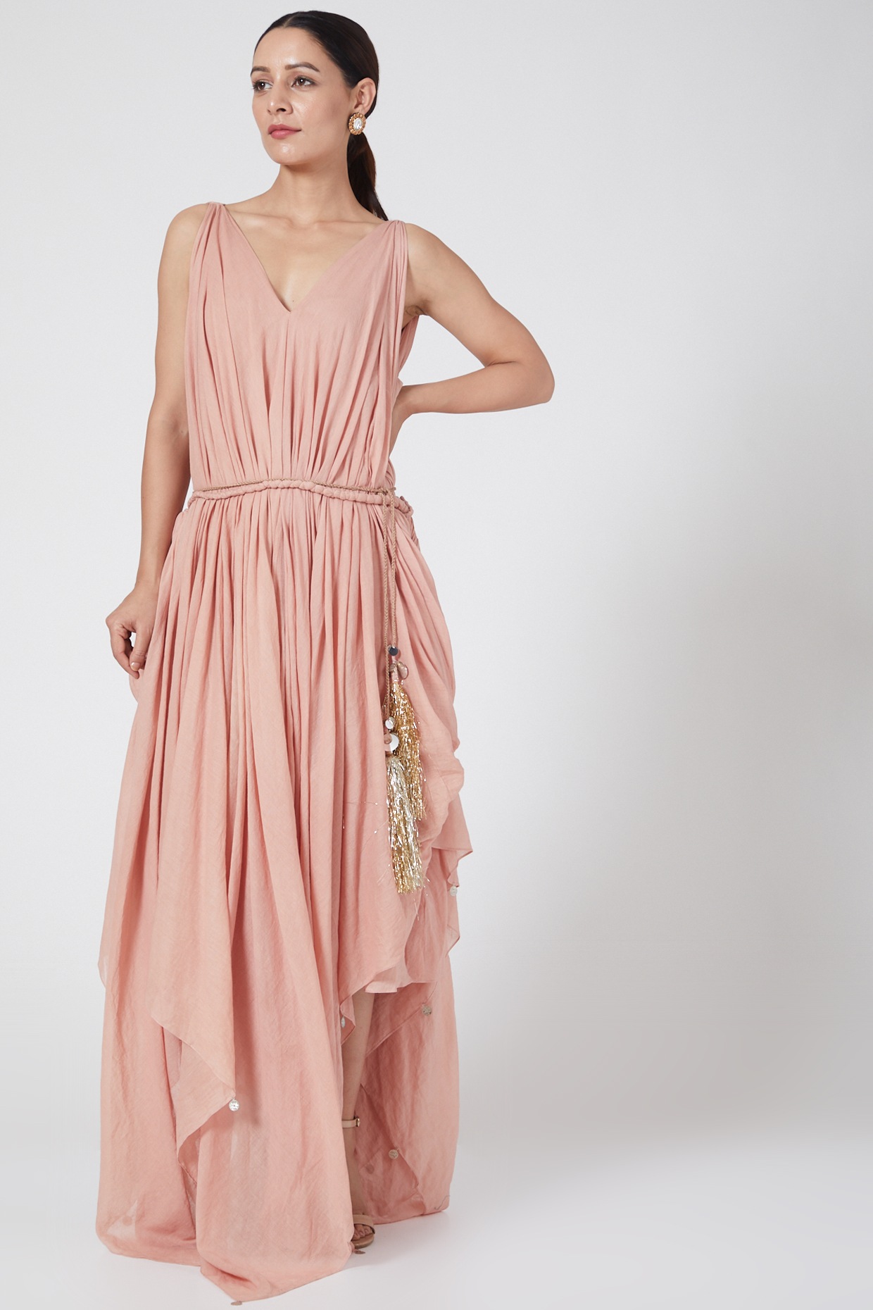 Peach Draped Dress With Belt by Priyanka Singh at Pernia's Pop Up Shop 2025